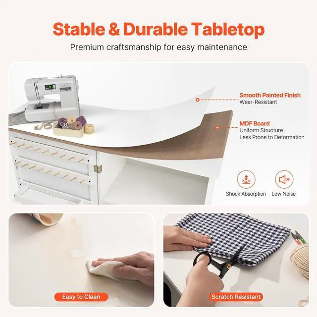 Folding Sewing Table with Lockable Wheels Storage Shelves Trays Door ...