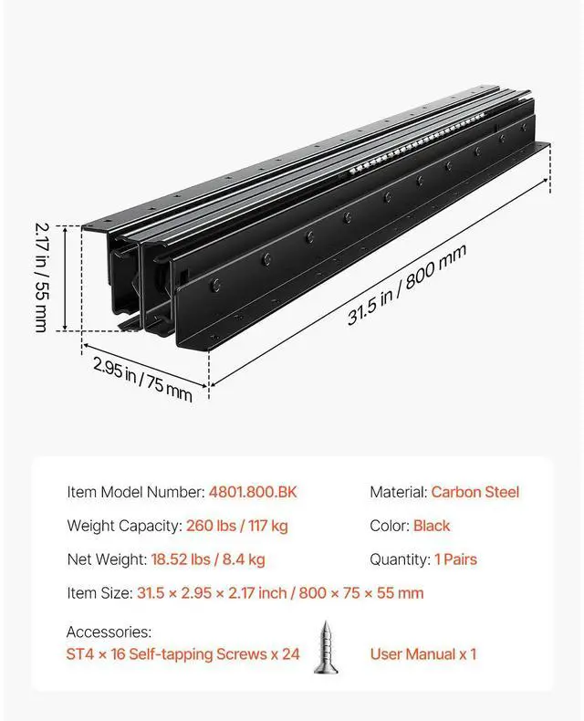 VEVOR Undermount Drawer Slides 32 inch Under Stair Cabinet Rails 260 LB ...