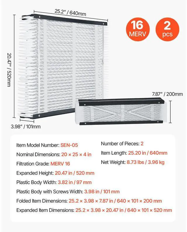VEVOR Air Filters MERV 16 Electrostatic Pleated HVAC Furnace Filter 2 ...