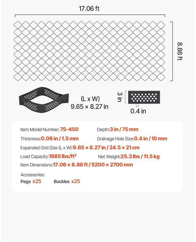 Ground Grid 3-Inch Depth Geocell Grid 17.06x8.86 FT / 5200x2700 mm for ...