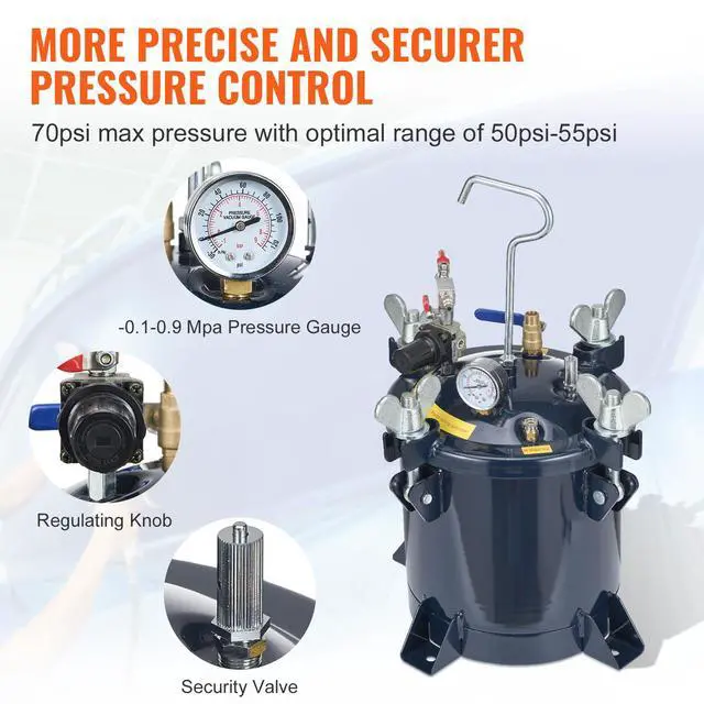 VEVOR 10L/2.5gal Spray Paint Pressure Pot Tank, 70PSI Max Air Paint ...