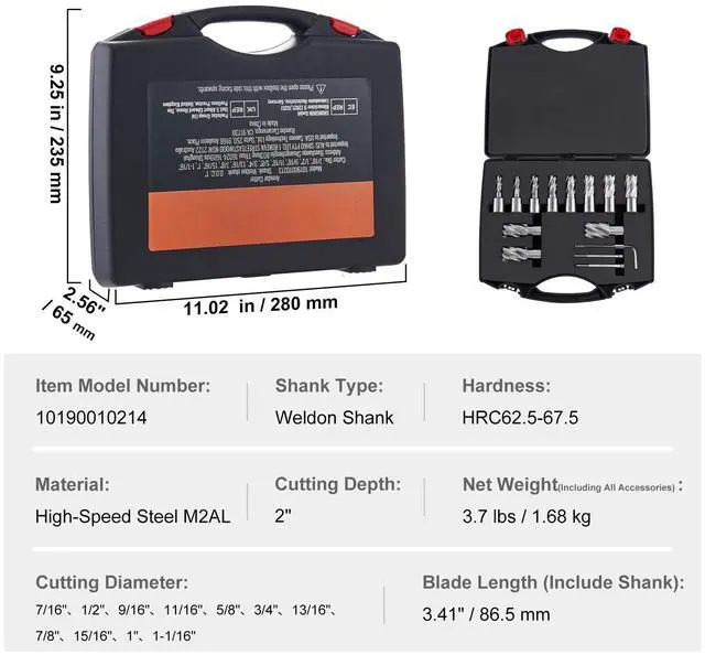 VEVOR Annular Cutter Set, 13 pcs Weldon Shank Mag Drill Bits, 7/16" to ...