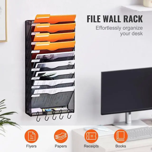 VEVOR File Wall Rack, One-Piece 10 Pockets Mesh Wall File Holder, Wall ...