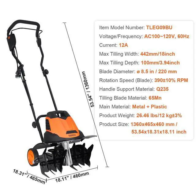 VEVOR 12 Amp Electric Tiller, 18" Tilling Width 3.94" Tilling Depth ...