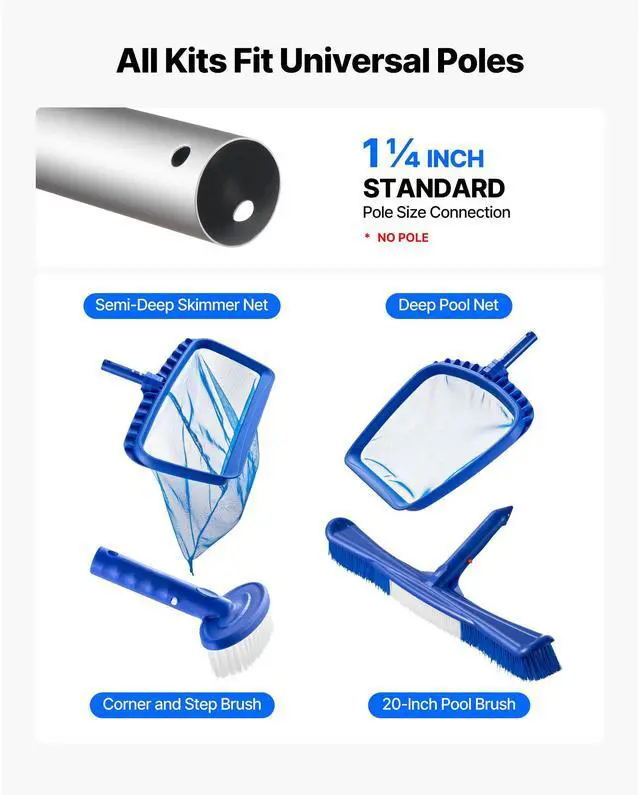 VEVOR Swimming Pool Cleaing Kit with Leaf Skimmer Bag Rake Nets & 2 ...