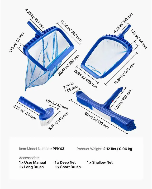 VEVOR Swimming Pool Cleaing Kit with Leaf Skimmer Bag Rake Nets & 2 ...