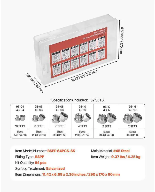 64 PCS BSPP Hydraulic Fitting Cap & Plug Assortment Adapter Kit ...