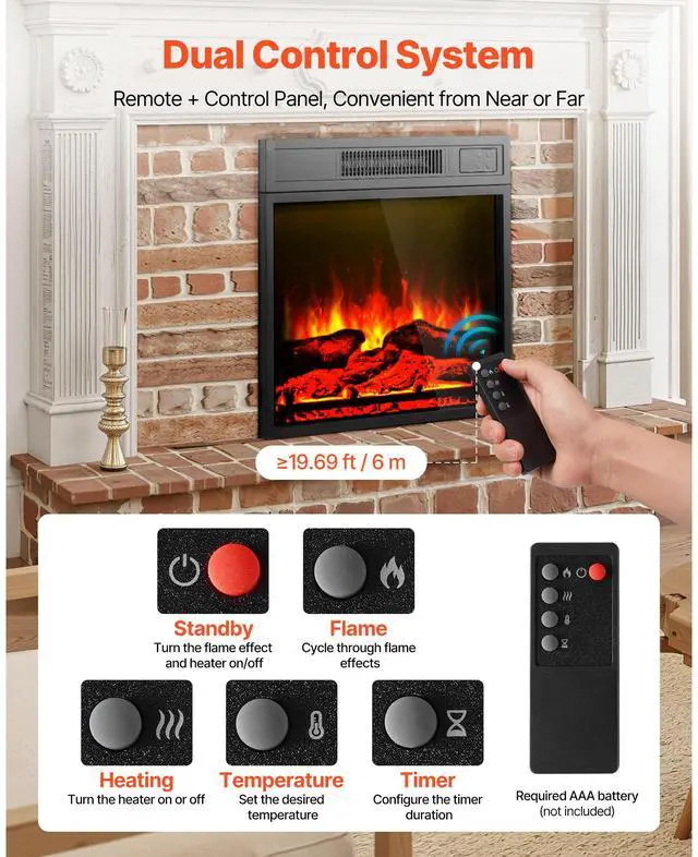 VEVOR 18in Electric Fireplace Insert Wall Recessed Heater Remote ...