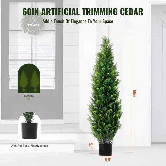 VEVOR 2 Pack 5' Artificial Cedar Topiary Tree Faux Plant UV Decor In ...