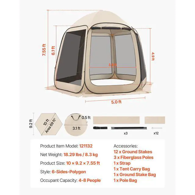 Screen House Tent, 10 x 9.2 ft, 4-8 Person Pop Up Screen Tent, Portable ...