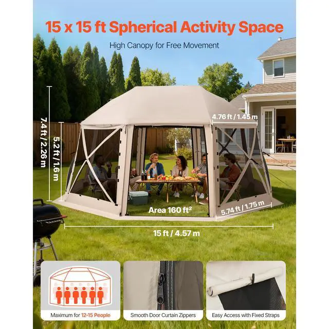 Pop up Gazebo Screen Tent, 15 x 15 ft, 13-Sided Spherical Camping ...