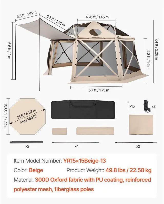 Pop up Gazebo Screen Tent, 15 x 15 ft, 13-Sided Spherical Camping ...