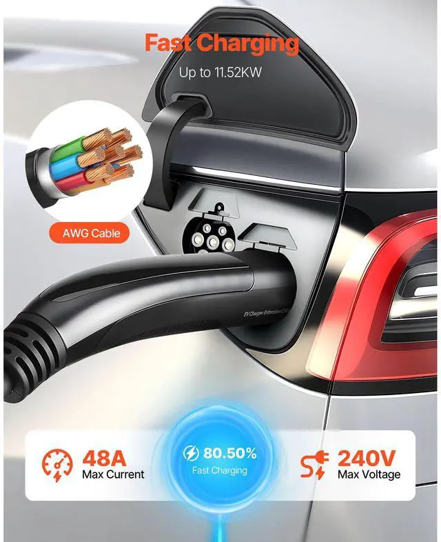 VEVOR EV Charger Extension Cable for Tesla, 48Amp 21 ft Max 240V 11.52 ...