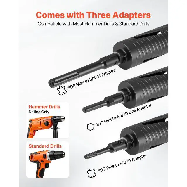 Core Drill Bit, 2-1/2 inch Diameter, 9-1/2 inch Drilling Depth, 5/8-11 ...