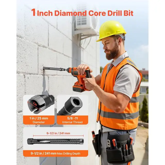 Core Drill Bit, 1 inch Diameter, 9-1/2 inch Drilling Depth, 5/8-11 ...