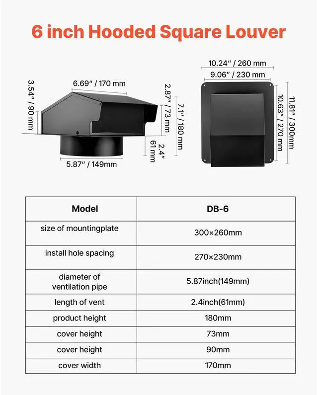 VEVOR 6 Inch Hooded Wall Vent Cover SPCC Steel Roof Exhaust 1 Pack ...