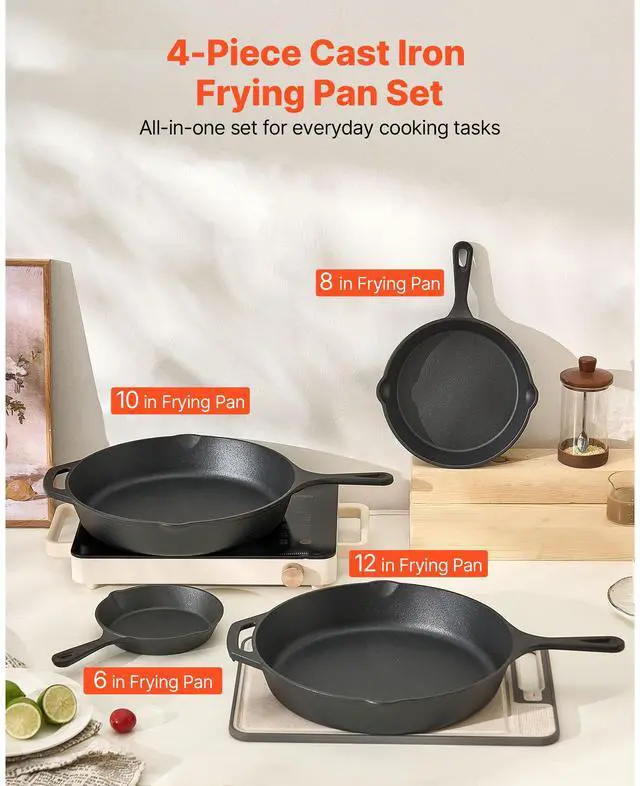 VEVOR 4 Piece Cast Iron Skillet Frying Pan Set 6 8 10 12 in with ...