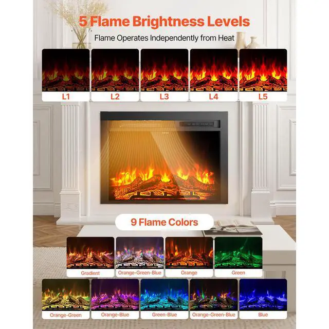 VEVOR 28.5in Electric Fireplace Insert Wall Recessed Heater 750W 1500W ...