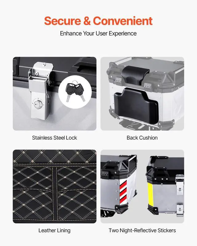 VEVOR 45L Motorcycle Top Case Universal Motorbike Tail Box with Leather ...