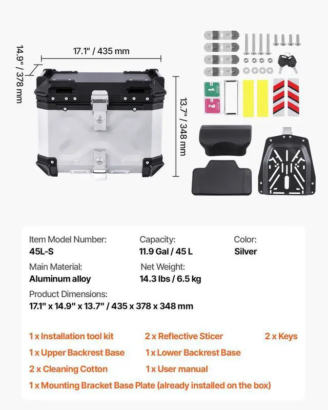 VEVOR 45L Motorcycle Top Case Universal Motorbike Tail Box with Leather ...