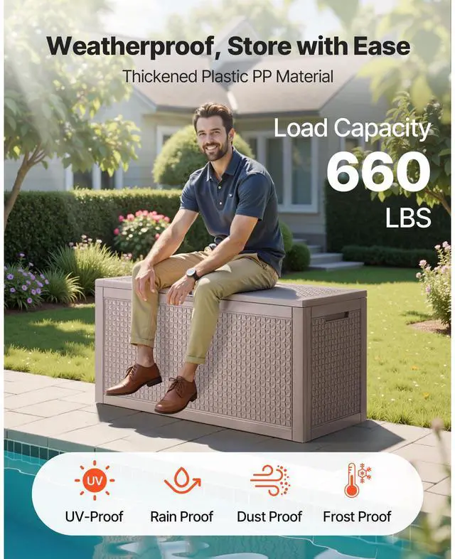 VEVOR Outdoor Storage Box, 100 Gallon Resin Deck Box, Backyard Outside ...