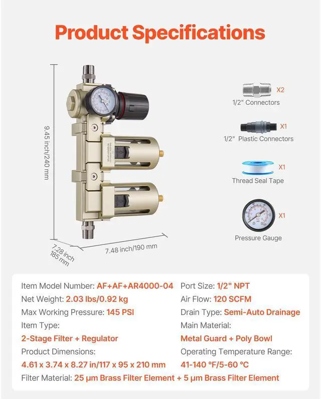Air Compressor Filter Regulator, 1/2" NPT Dual Stage Air-Drying System ...