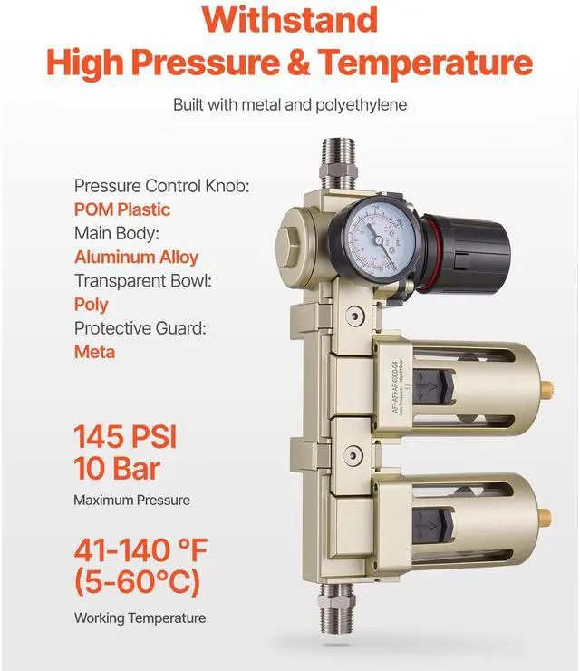 Air Compressor Filter Regulator, 1/2" NPT Dual Stage Air-Drying System ...
