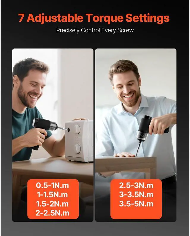 VEVOR Electric Screwdriver, 7 Torque Settings 0.5-5 N.m, 2500mAh ...