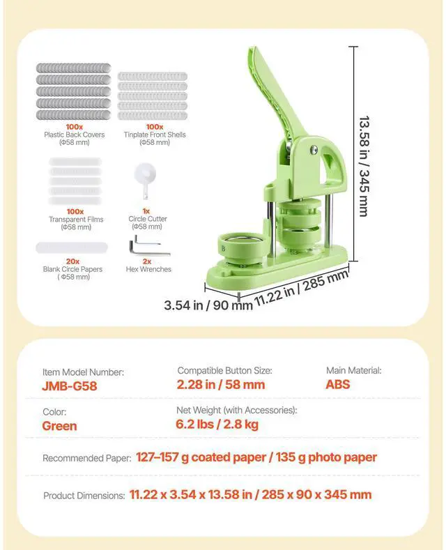 VEVOR Button Maker Machine Plastic Pin Maker 2.28 in 100pcs Button ...