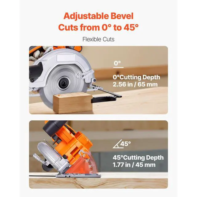 VEVOR Cordless Circular Saw, 7-1/4 inch Blade, 5000 RPM Speed, 0-45 ...