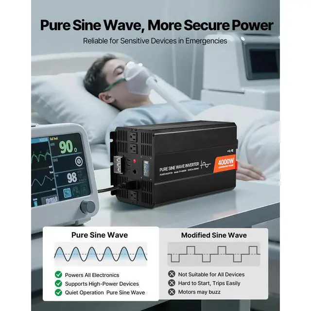 VEVOR 4000W Power Inverter, 12V DC to 120V AC Pure Sine Wave Inverter ...