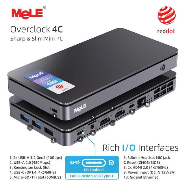 MeLE Reddot Winner Slim Mini PC Overclock4C N100(up to 3.4GHz) 8GB RAM ...