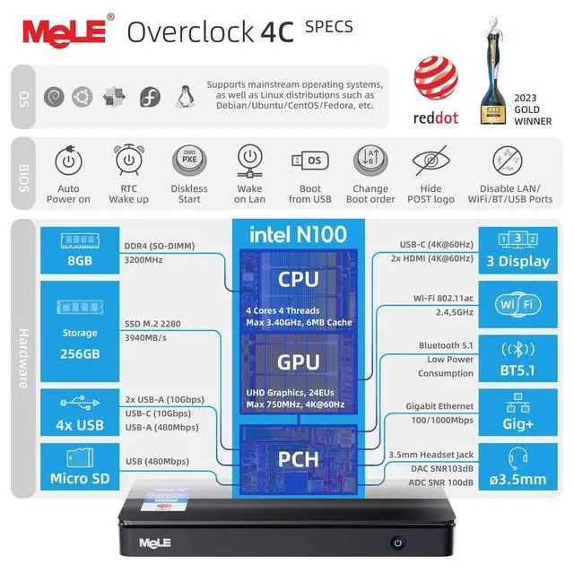 MeLE Reddot Winner Slim Mini PC Overclock4C N100(up to 3.4GHz) 8GB RAM ...
