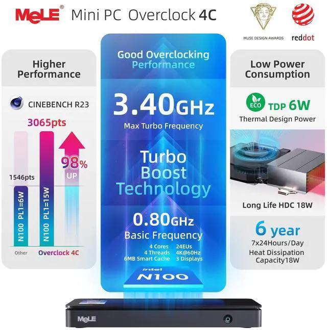 MeLE Reddot Winner Slim Mini PC Overclock4C N100(up to 3.4GHz) 8GB RAM ...