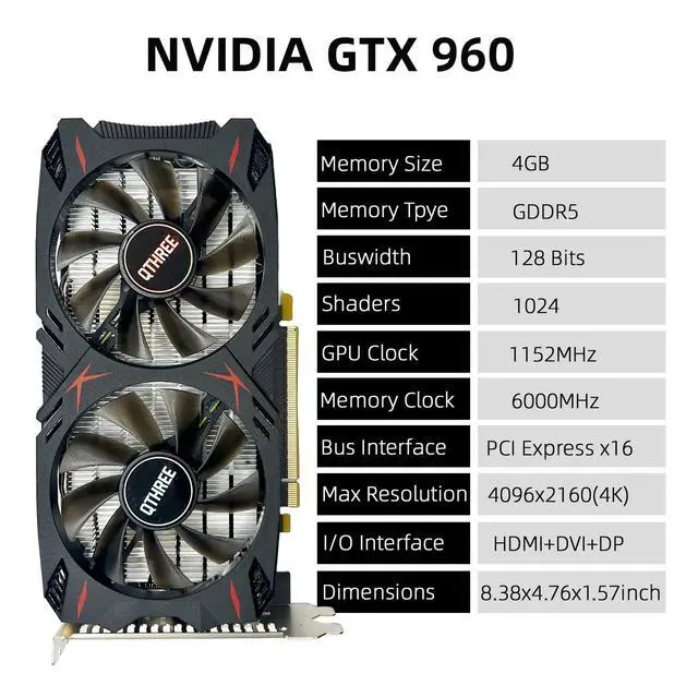 QTHREE Geforce GTX 960 4GB Graphics Card, GDDR5 128-bit, DP, HDMI, DVI ...