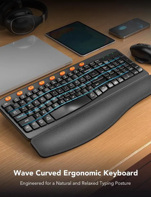 Wireless Keyboard and Mouse Combo, Ergonomic Wave Keys, Cushioned Plam ...