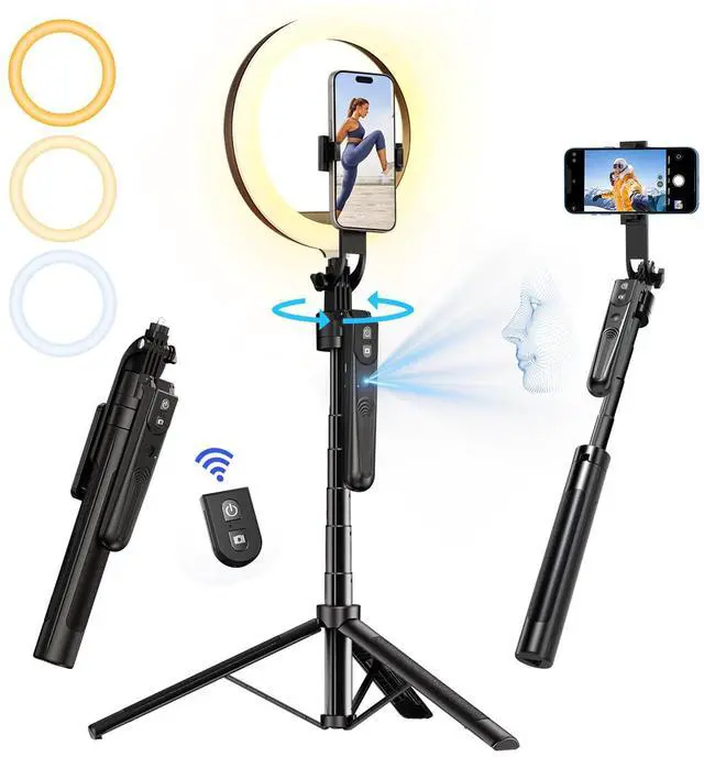 70.9" Auto Face Tracking Tripod with 360 Rotation & 10" Ring Light ...