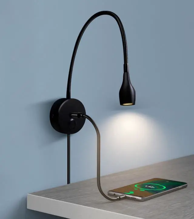 LED Gooseneck Wall Reading Lamp with Switch, Touch Dimmable and USB ...