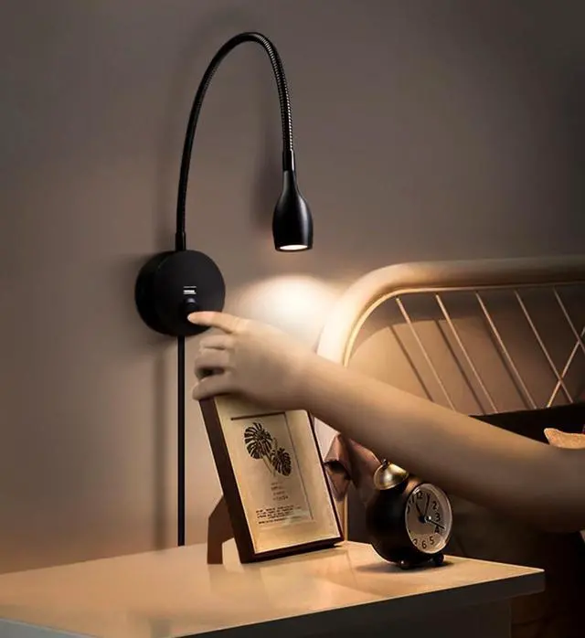LED Gooseneck Wall Reading Lamp with Switch, Touch Dimmable and USB ...