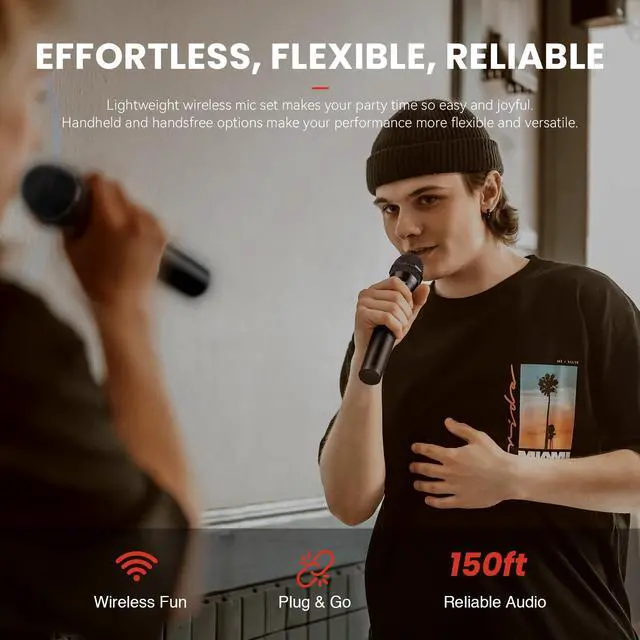 Wireless Microphone System, 4 Channel VHF Wireless Mics, w/ 4 Handheld ...