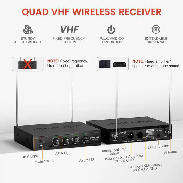 Wireless Microphone System, 4 Channel VHF Wireless Mics, w/ 4 Handheld ...