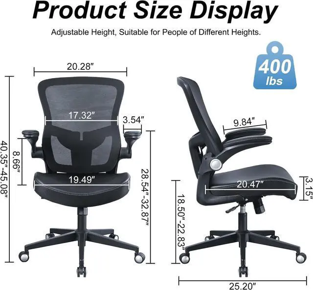 Office Chair, 400lbs Heavy Duty Ergonomic Desk Office Chair with Flip ...