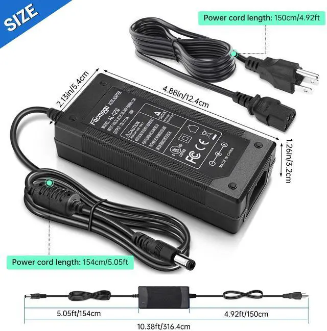 3 Prong 12V 5A 60W AC to DC Power Supply Adapter with 9.84ft / 3m LONG ...