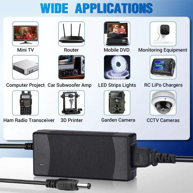 3 Prong 12V 5A 60W AC to DC Power Supply Adapter with 9.84ft / 3m LONG ...