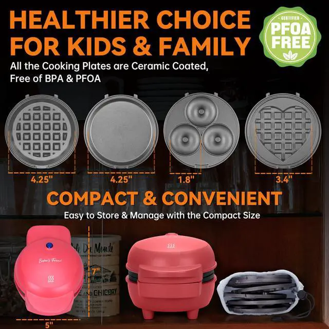 4 in 1 Mini Waffle Maker with Removable Plates, Set Includes Mini ...