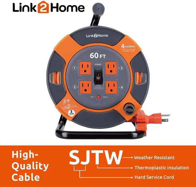 Cord Reel 60 ft. Extension Cord 4 Power Outlets 14 AWG SJTW Cable ...