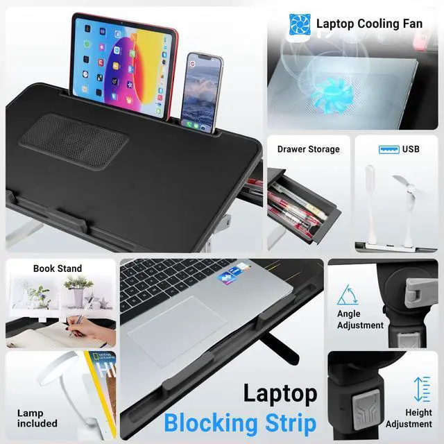 Laptop Lap Desk with Cooling Fan - Adjustable with Light, USB, Storage ...