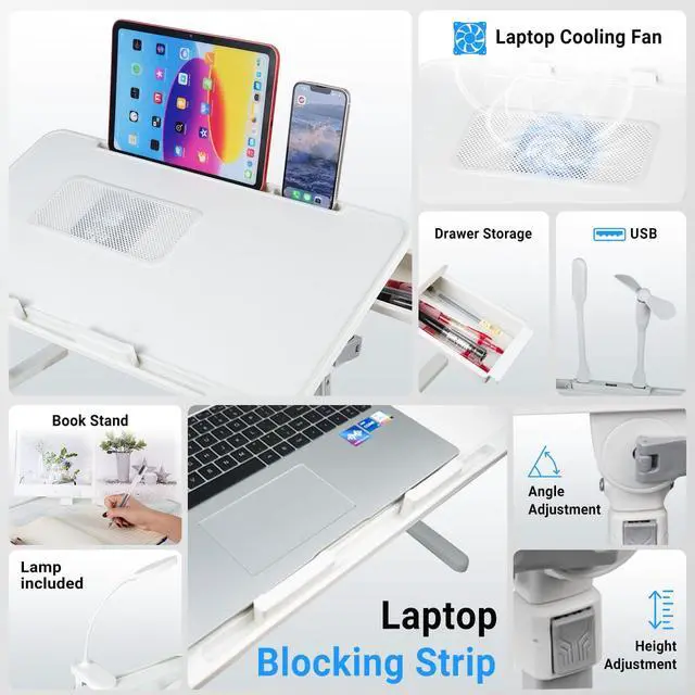 Laptop Lap Desk with Cooling Fan - Adjustable with Light, USB, Storage ...