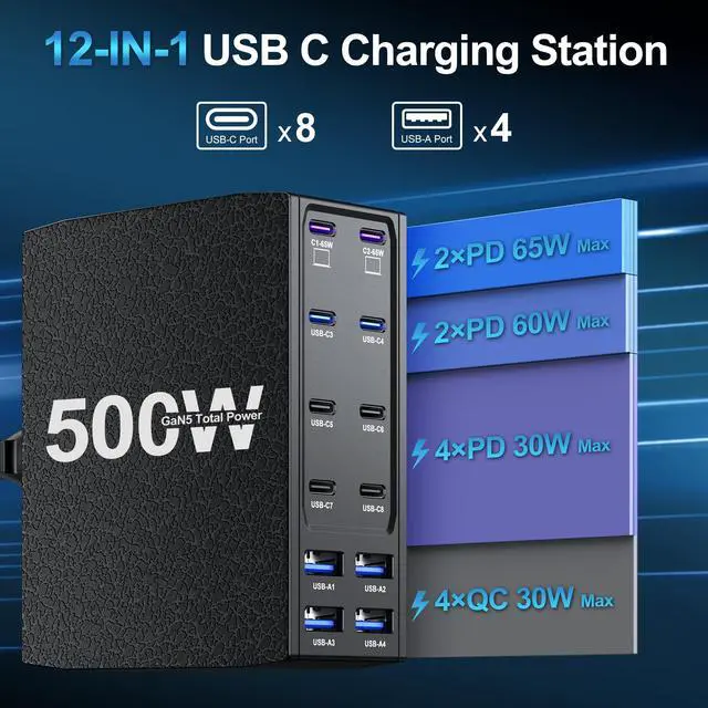 500W USB C Charger Block, 12-Port USB C Charging Station for Multiple ...