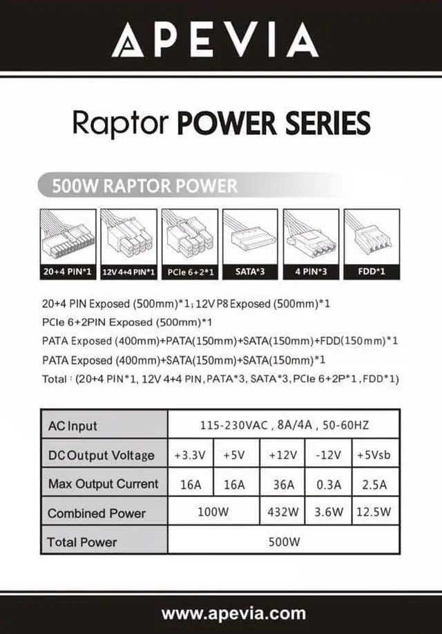 Apevia RAPTOR500W Raptor 500W ATX Power Supply with 120MM Silent Black ...